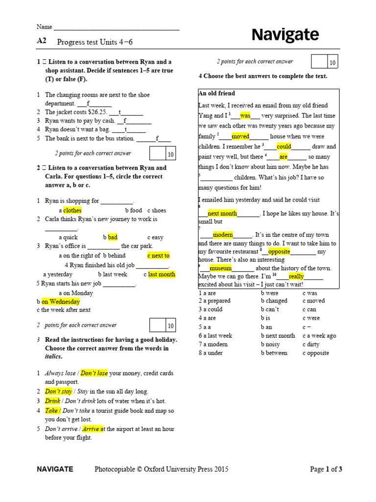 Progress Test 2a Units 4 6 Pdf