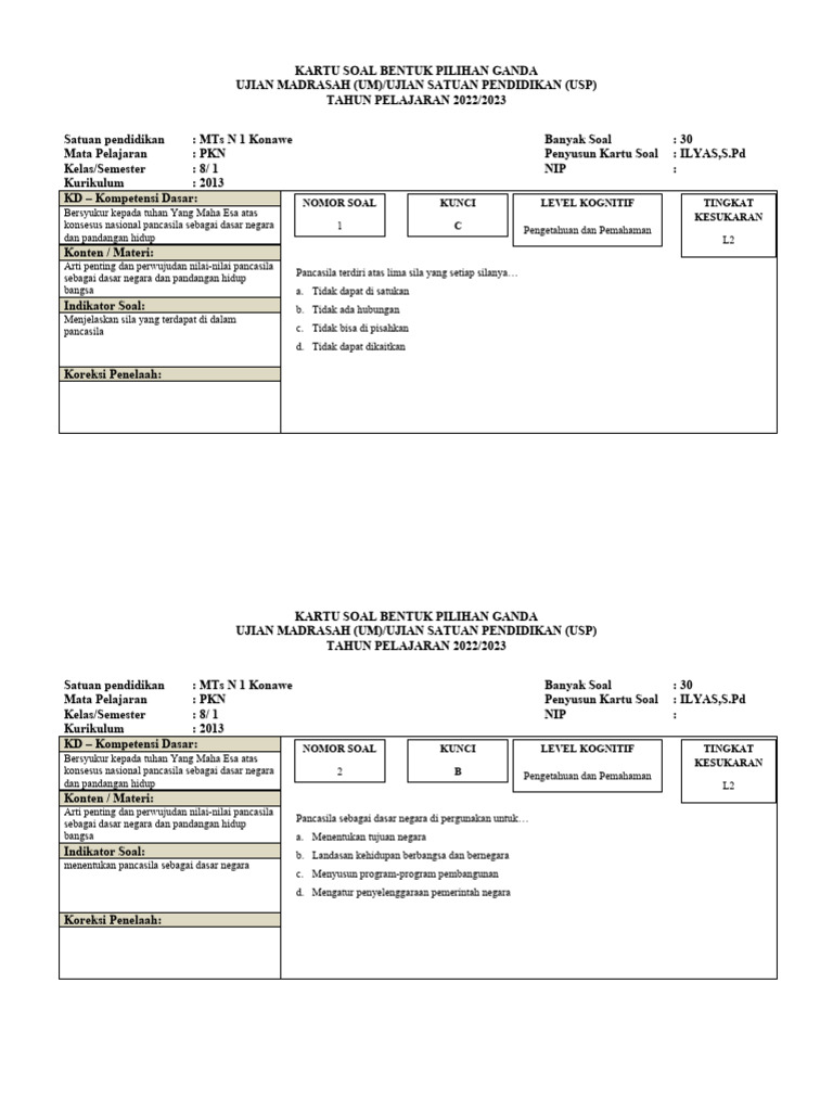 PKN KARTU SOAL PKN KELAS 8 | PDF