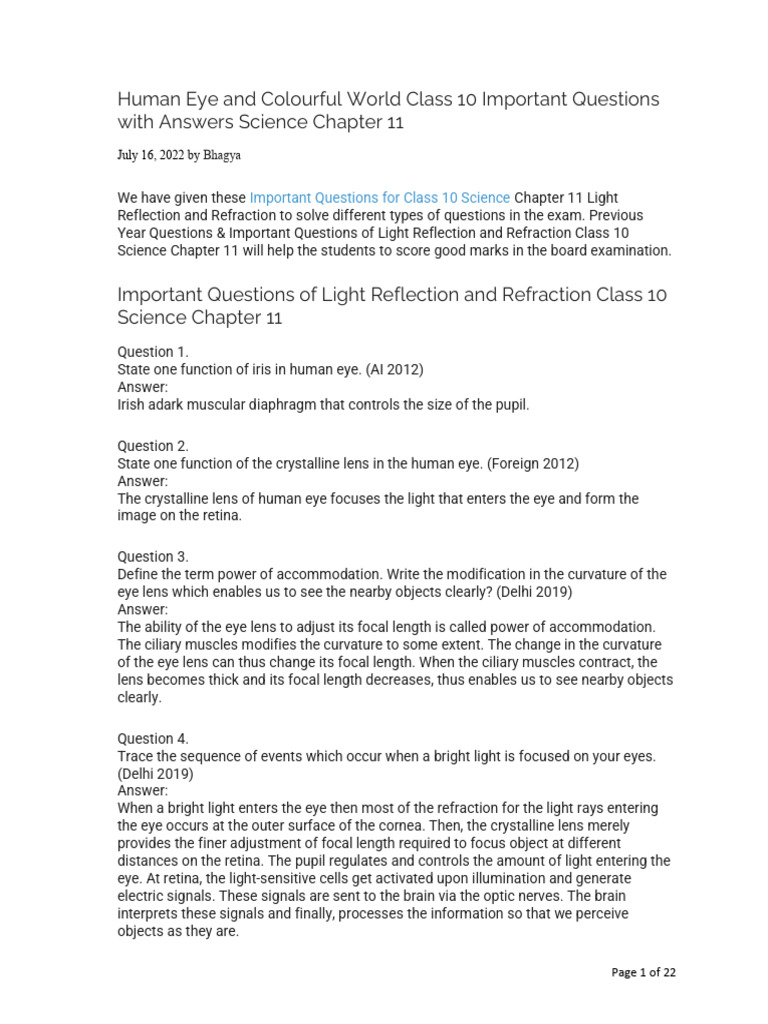 Human Eye and Colourful World Class 10 Important Questions With Answers ...