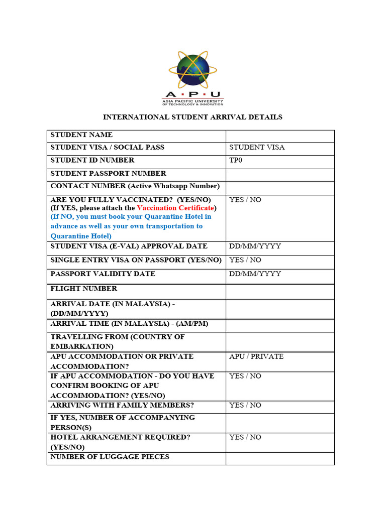 APU-Arrival Form | PDF