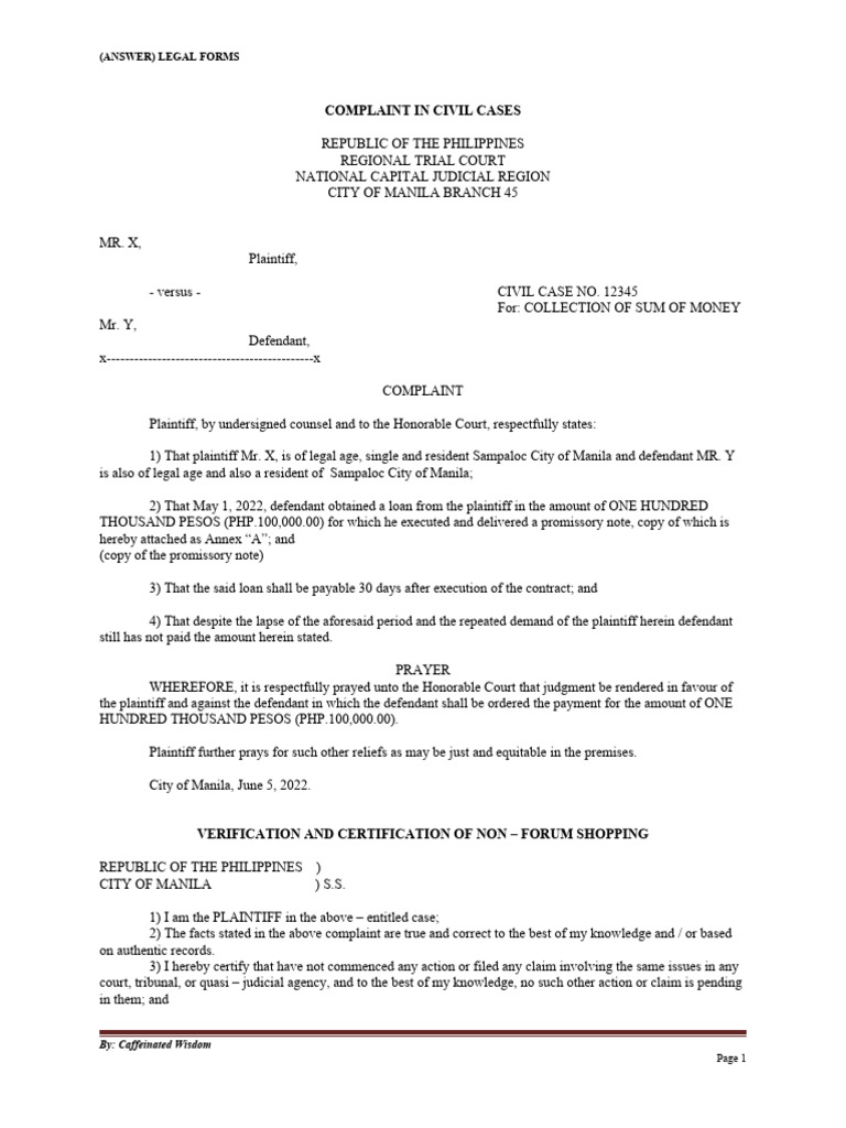 (Complaint in Civil Cases Cases) Legal Forms | PDF | Affidavit | Lawsuit