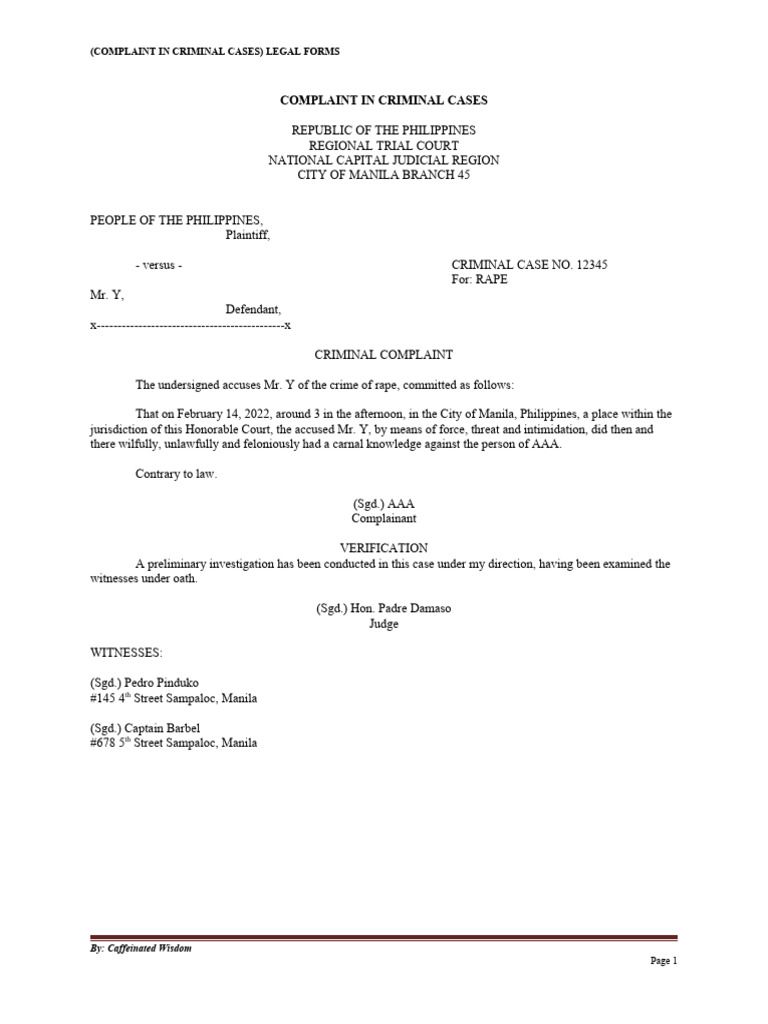 (Complaint in Criminal Cases) Legal Forms | PDF