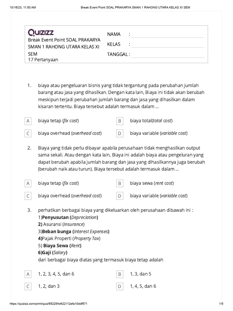 Break Event Point SOAL PRAKARYA SMAN 1 RAHONG UTARA KELAS XI SEM | PDF