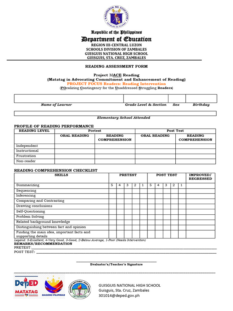 READING ASSESSMENT FORM - New Updated | PDF | Applied Linguistics ...