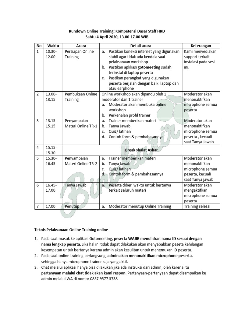 Rundown & Teknis Pelaksanaan Online Training Binakarir | PDF | Komputer