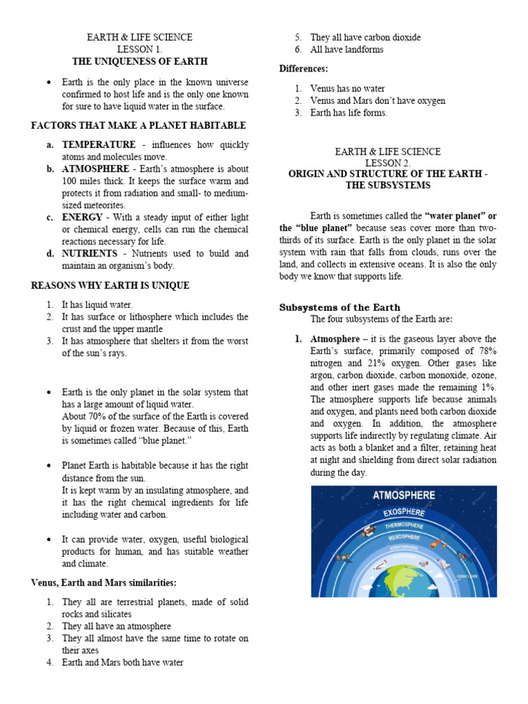 Lesson 1 & 2 - Uniqueness of Earth & Subsystems | PDF | Earth | Atmosphere