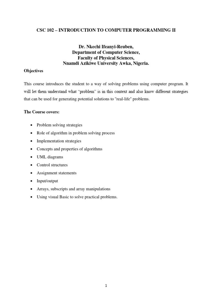 2023 Lecture Note On CSC102a | PDF | Use Case | Algorithms