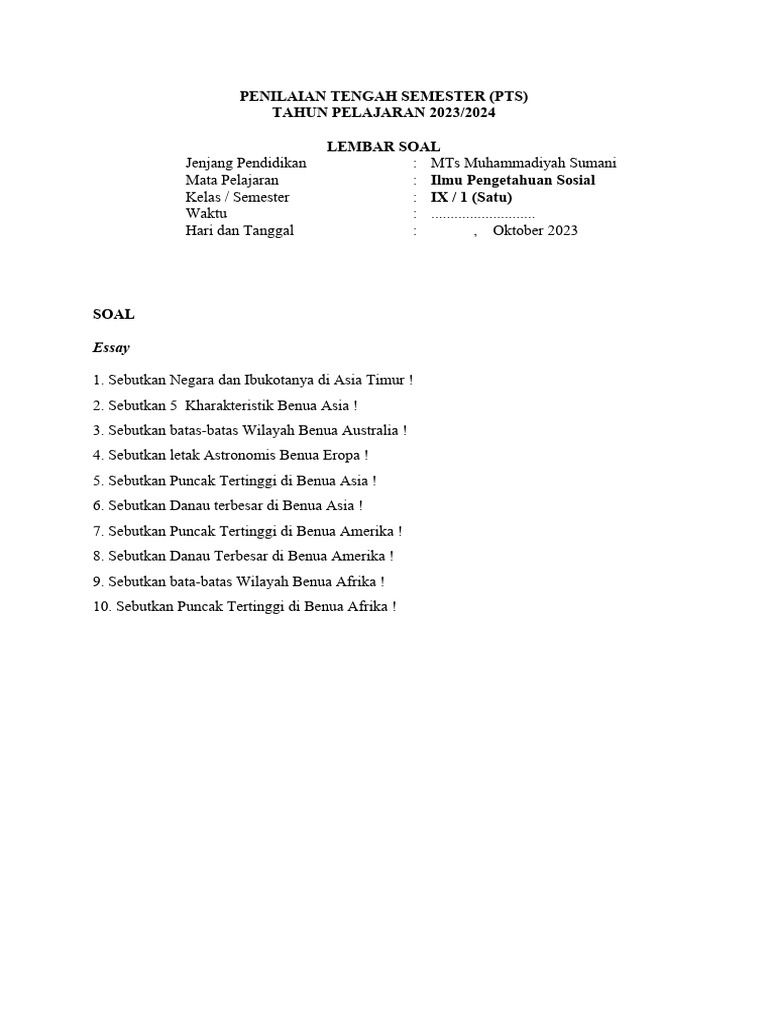 Soal PTS IPS Kelas 9 Semester 1 | PDF