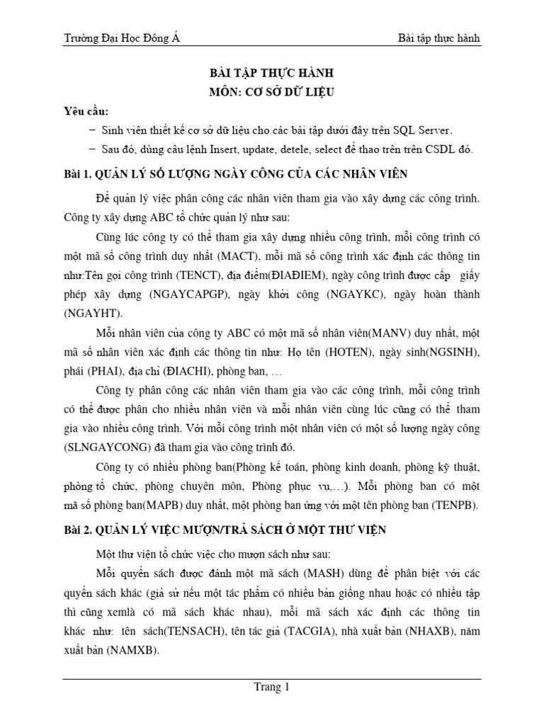 Bai Tap Thuc Hanh CSDL - Dong A | PDF