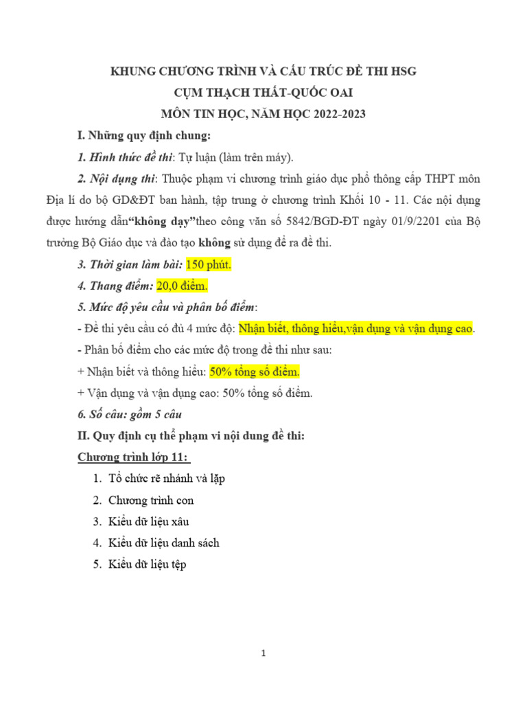 Cấu Trúc Đề Thi Tin 11 HSG Cụm 22-23 | PDF