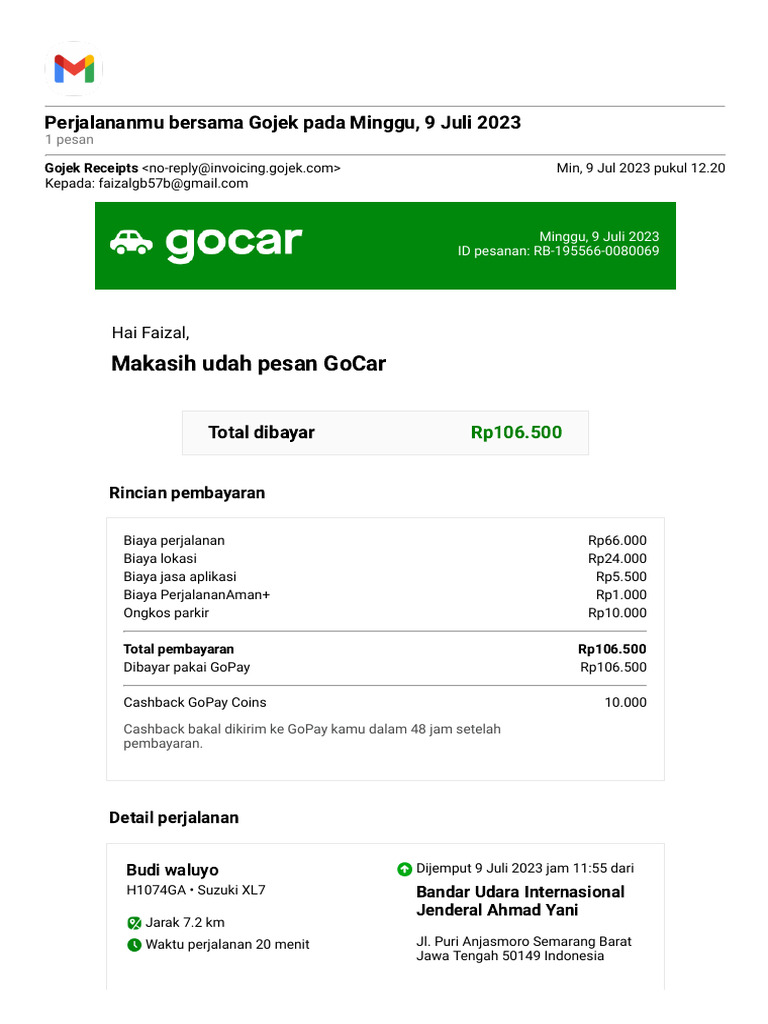 Struk Pembayaran GoCar 9 Juli 2023 | PDF