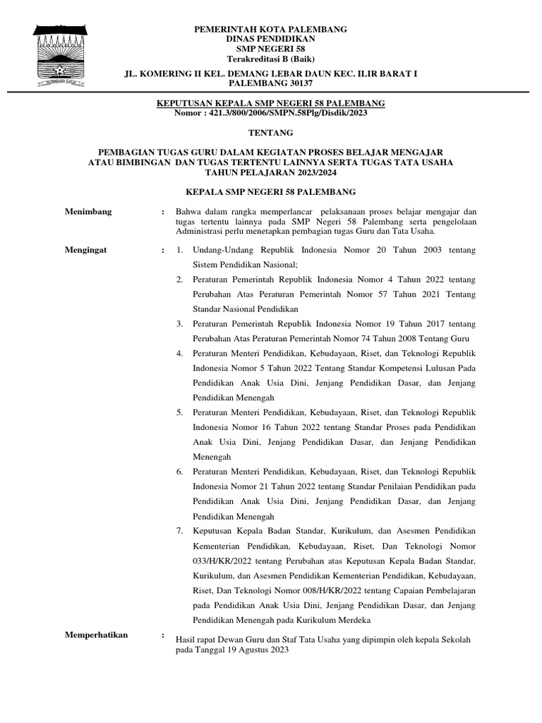 Surat Pembagian Tugas 2024 1 SMPN 58 PLG P - REVISI | PDF