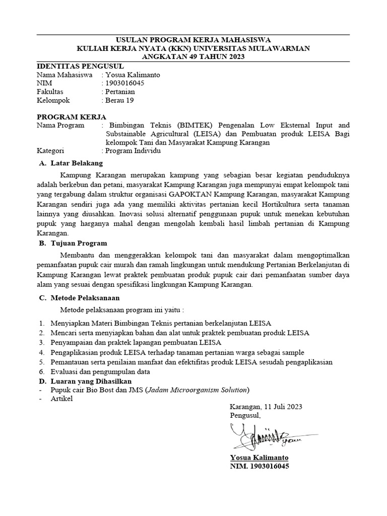 Usulan Program Kerja Kelompok Tani (Gapoktan) Kampung Karangan | PDF