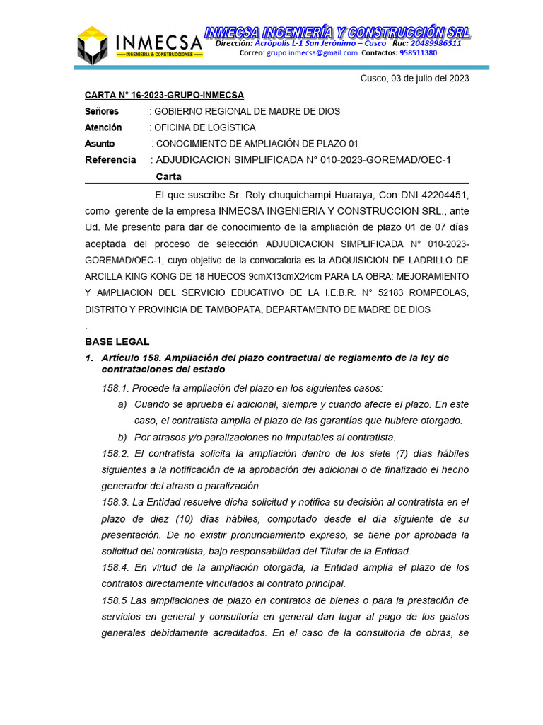 Aceptacion de Ampliacion de Plazo 01 | PDF