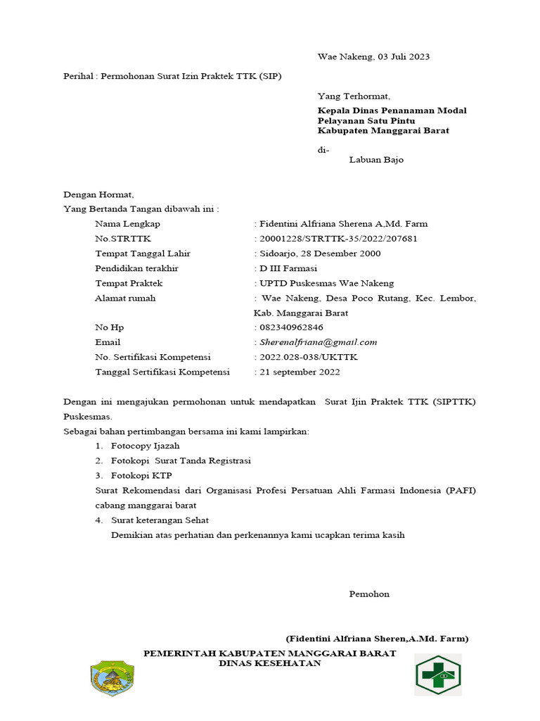 Surat Permohonan Izin Praktek (SIPA) | PDF