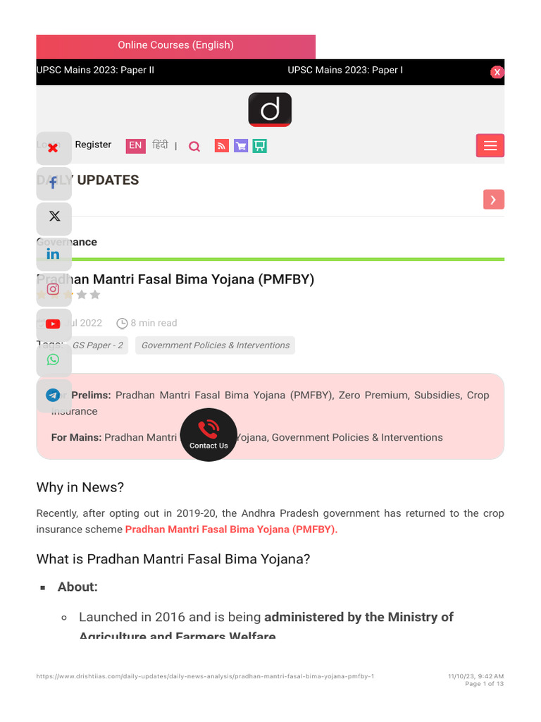 Pradhan Mantri Fasal Bima Yojana (PMFBY) | PDF | Agriculture | Insurance