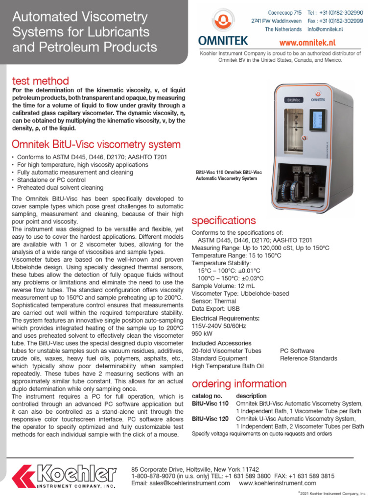 Omnitek BitU-Visc - Automatic Viscometry System - Technical Datasheet | PDF