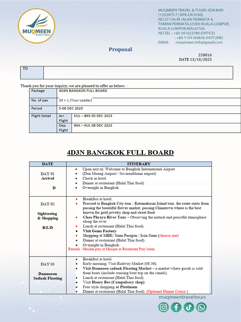 Proposal 2200016 4D3N BANGKOK FULL BOARD | PDF