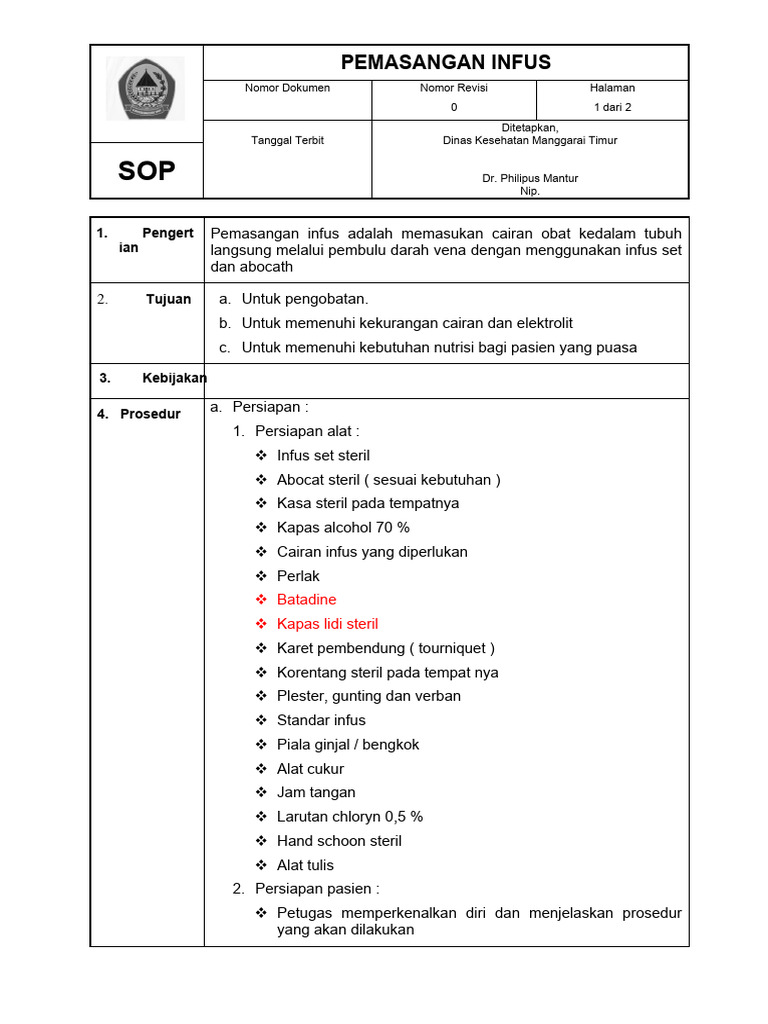 Sop Pemasangan Infus | PDF