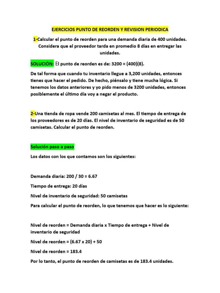 Ejercicios Punto de Reorden y Revision Periodica Mestra | PDF