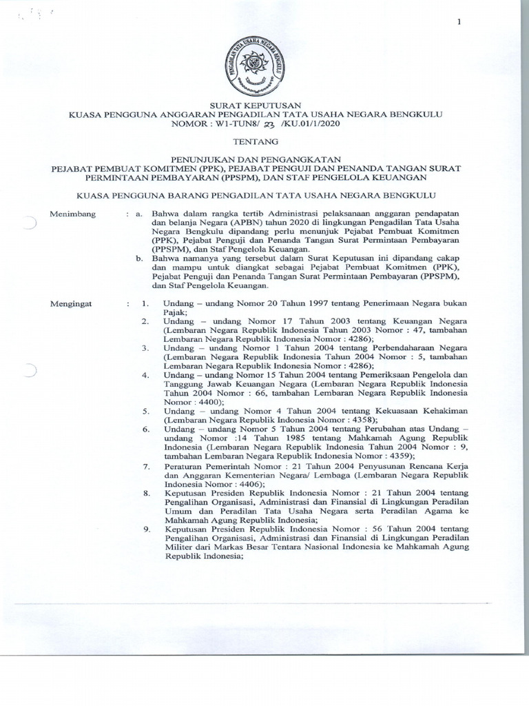 SK Penunjukan PPK PPSPM Dan Pengelola Keuangan 2020 | PDF