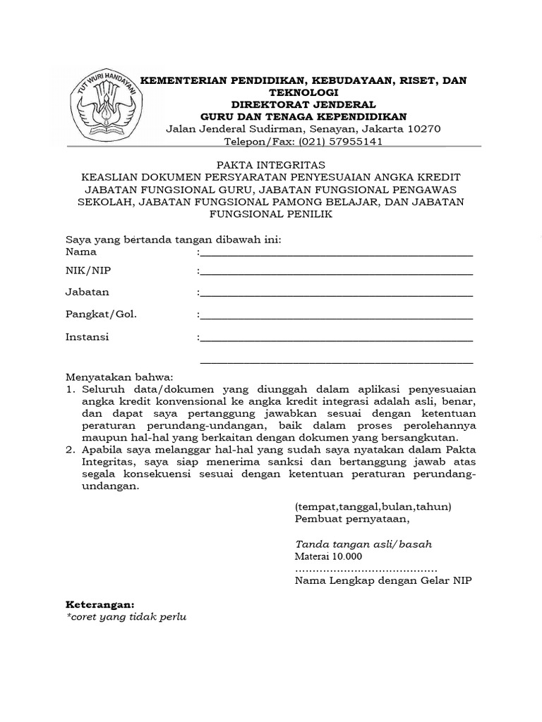 Pakta Integritas IVb-IVe Pengajuan PAK Integritas | PDF