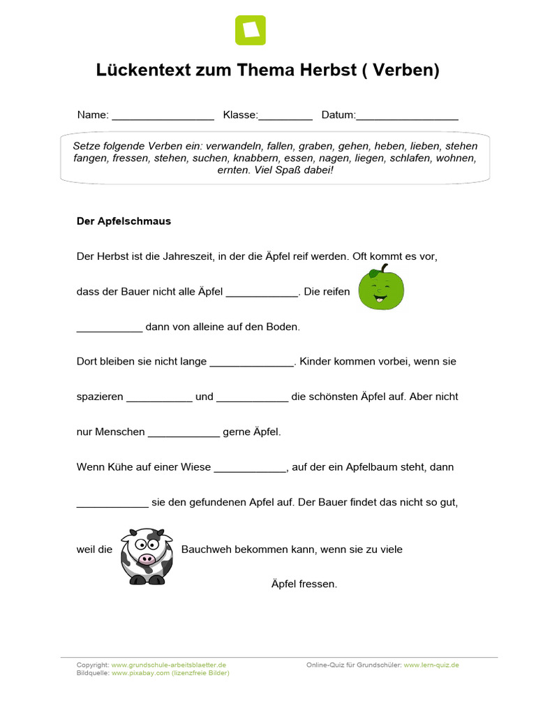 Lueckentext Zum Thema Herbst Verben | PDF