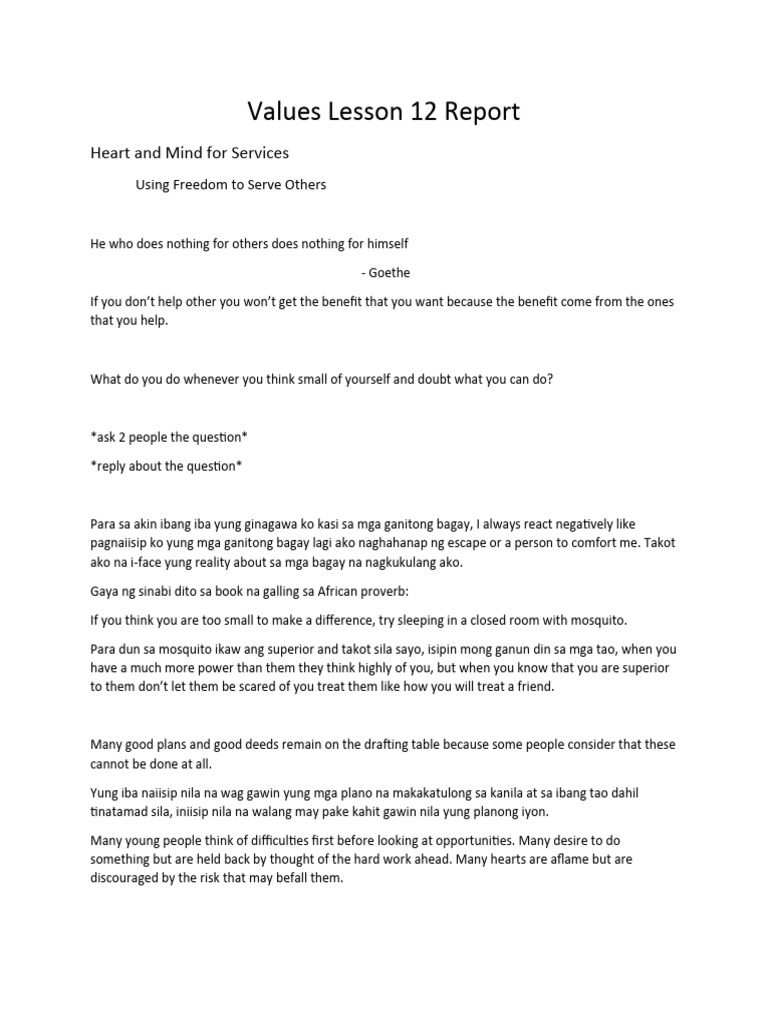Values Lesson 12 Report | PDF