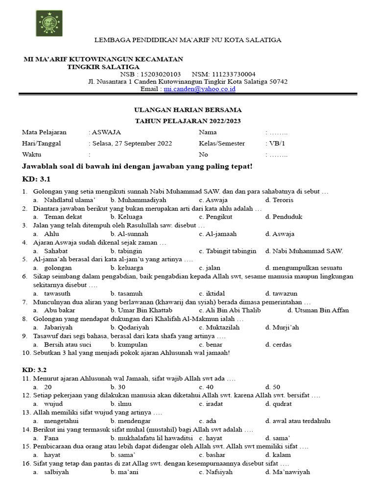 Soal UHB Aswaja Kelas 5b Ok | PDF