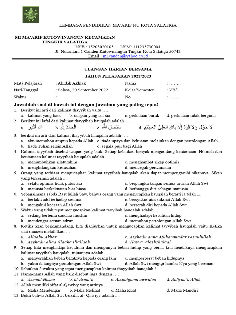 Soal UHB Akidah Akhlak Kelas 5b | PDF