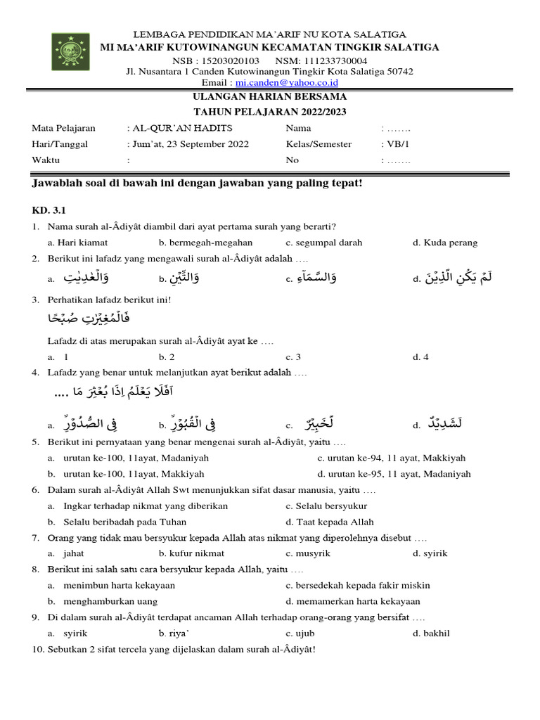 Soal UHB QH Kelas 5b | PDF
