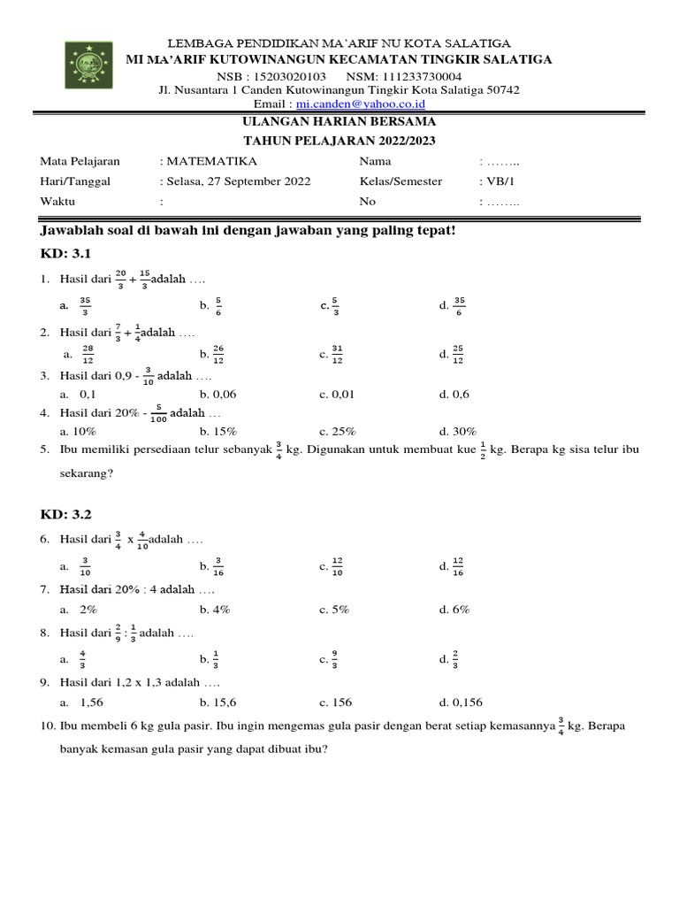 Soal UHB MTK Kelas 5b | PDF