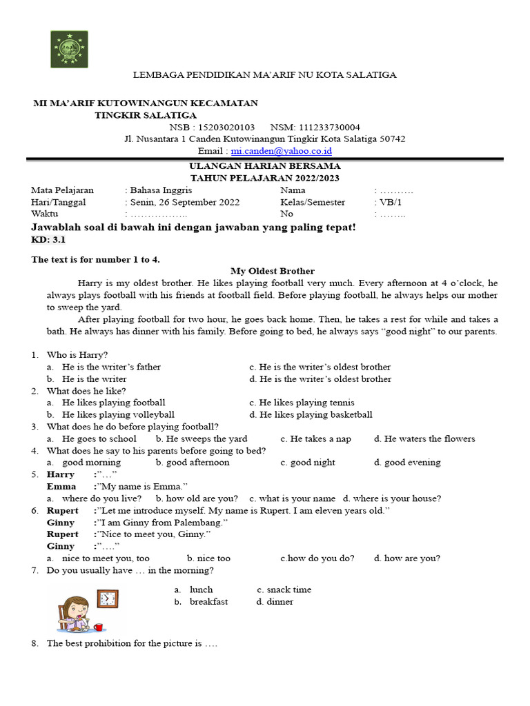 Soal UHB Bahasa Inggris 5 B | PDF | Cuisine | Meal