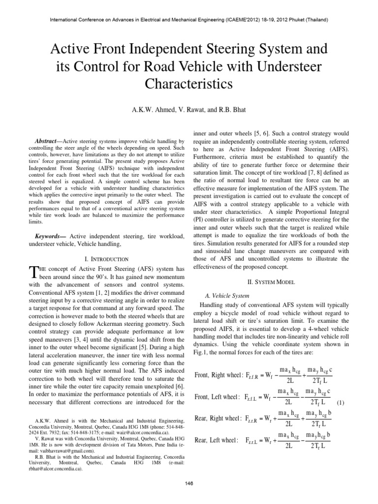 Active Front Independent Steering System and Its Control For Road Vehicle With Understeer ...