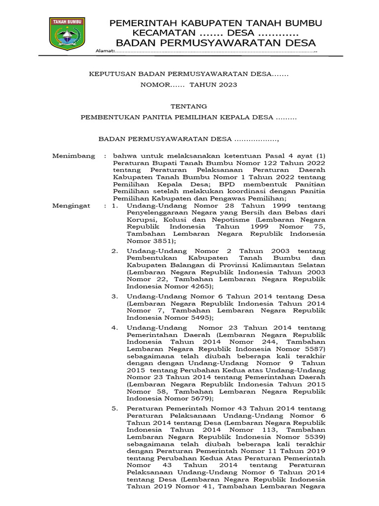 Contoh SK BPD Tentang Panitia Pilkades Desa | PDF