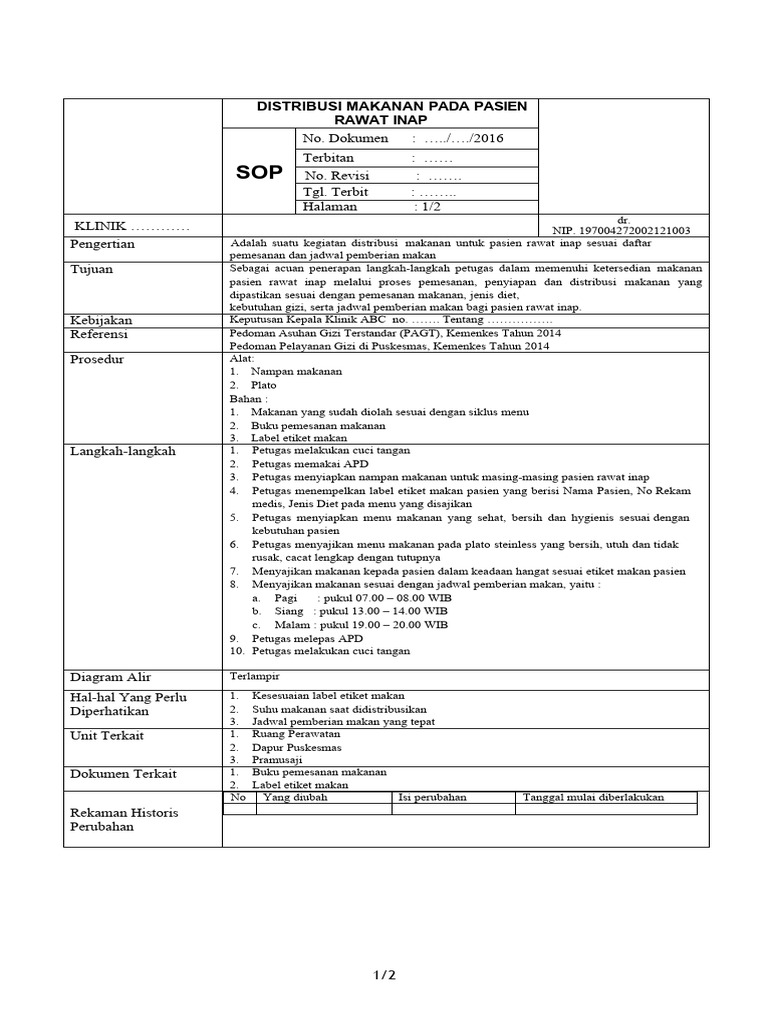 Sop Distribusi Makanan Pasien Ranap | PDF