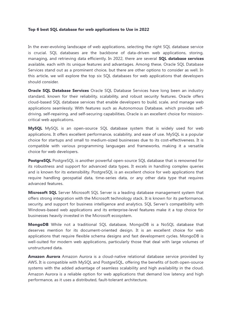 Top 6 Best SQL Database for Web Applications to Use in 2022 | PDF ...