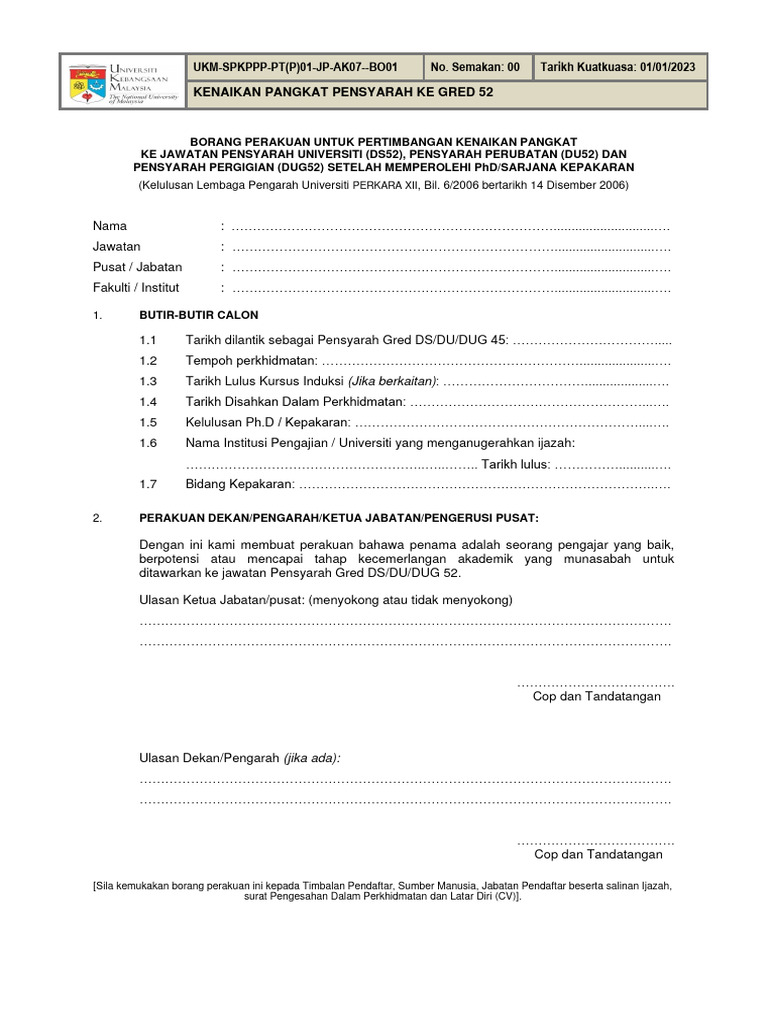 UKM SPKPPP PTP01 JP AK07 BO01 Kenaikan Pangkat Pensyarah Gred 52 | PDF