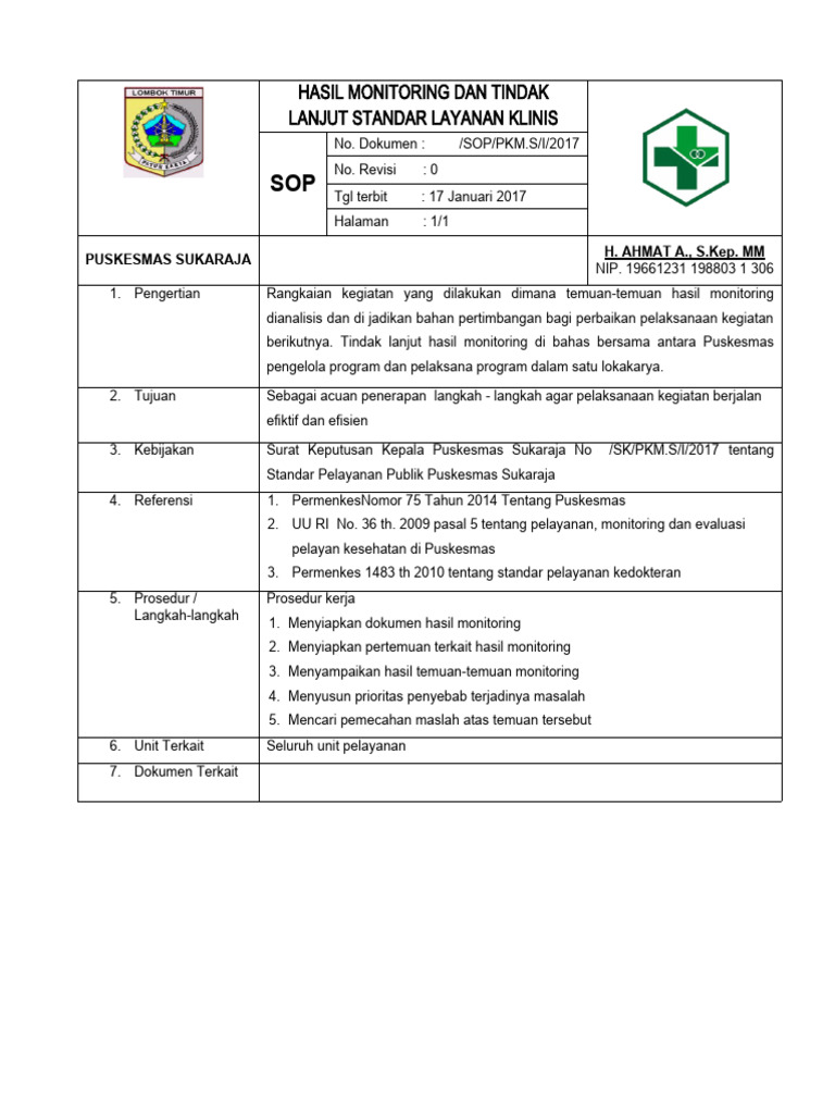 Sop Hasil Monitoring Dan Tindak Lanjut Standar Layanan Klinis | PDF