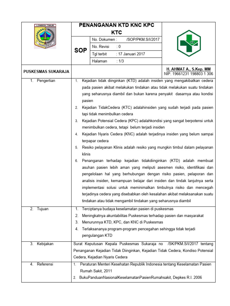Sop Penanganan KTD KNC KPC KTC | PDF