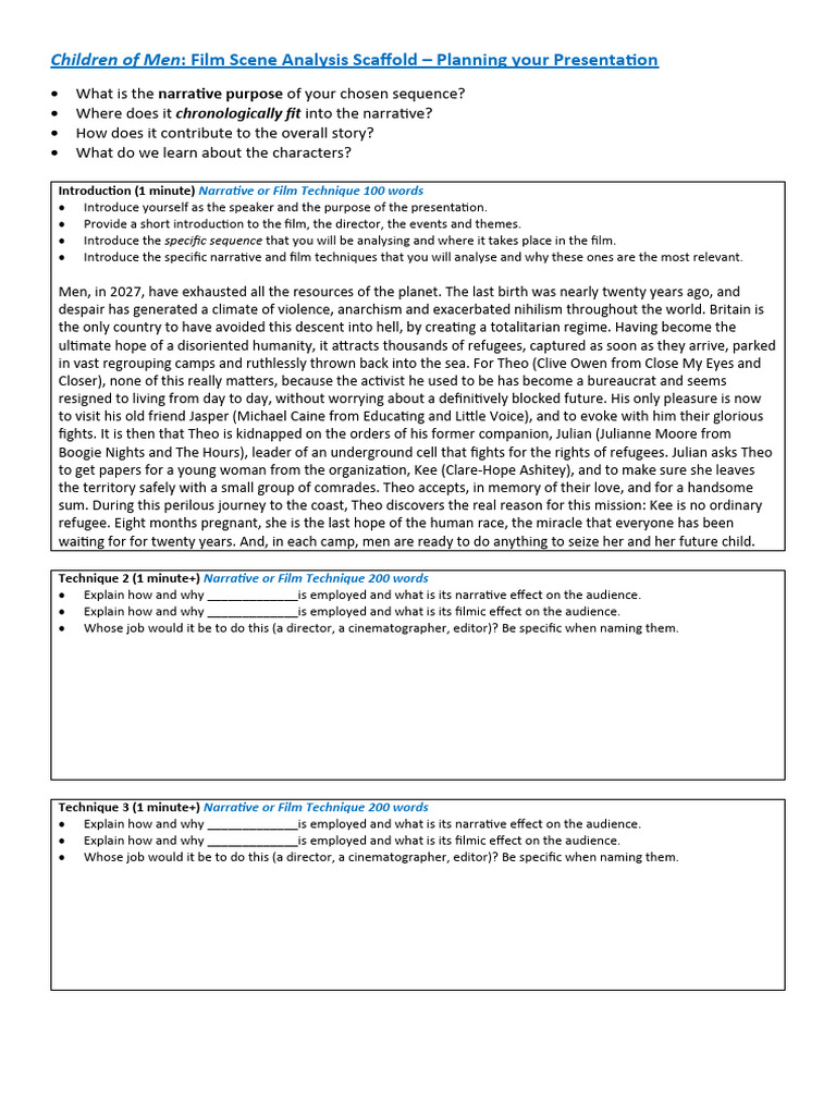 T1W3 Film Scene Analysis Planning Scaffold- Children of Men | PDF