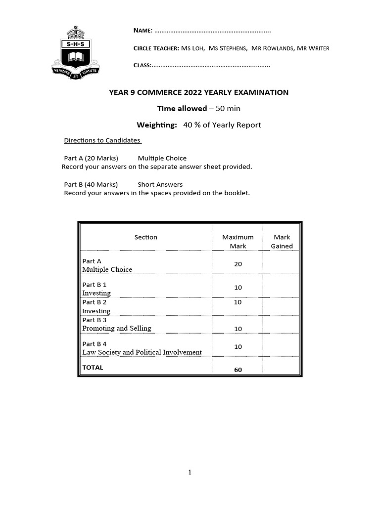 9 Commerce Yearly Exam 2022. Student | PDF | Interest | Investing