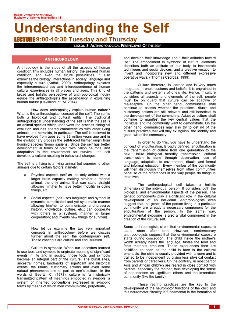 Understanding 3-1 | PDF | Anthropology | Self