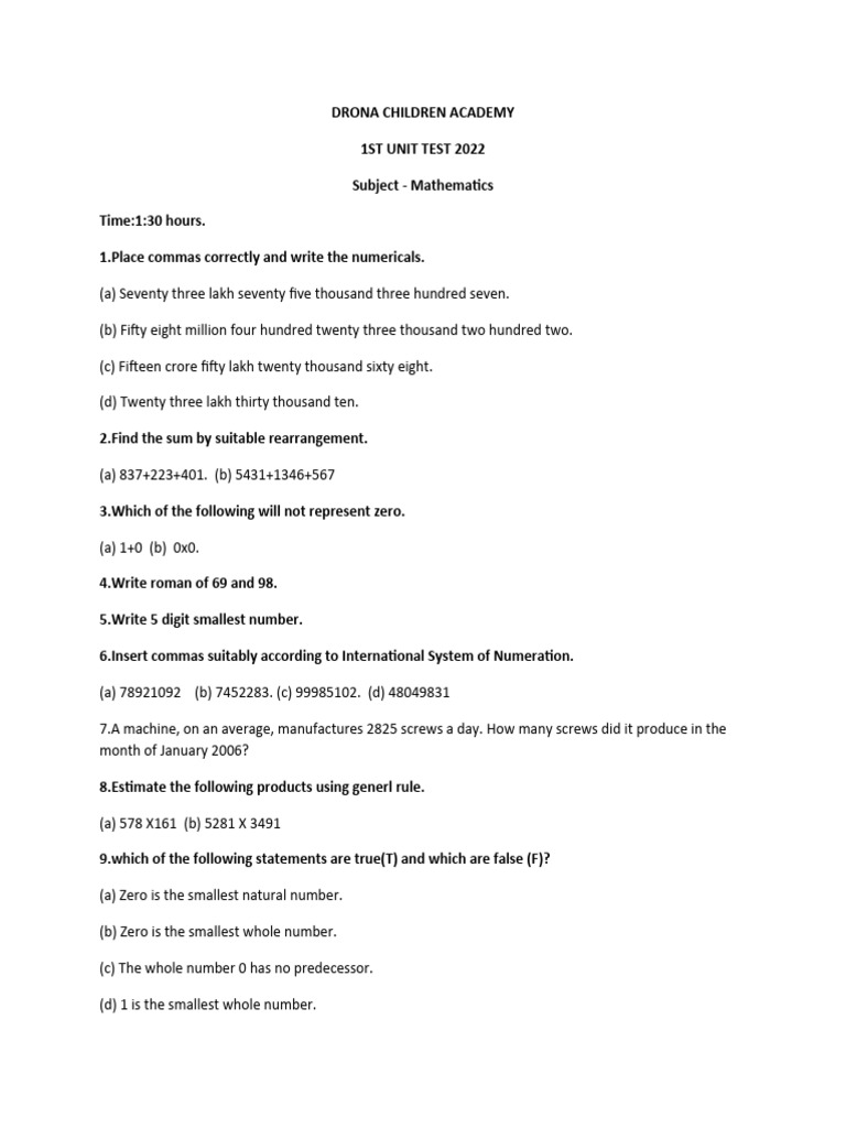Class 6 Unit Test | PDF | Teaching Methods & Materials