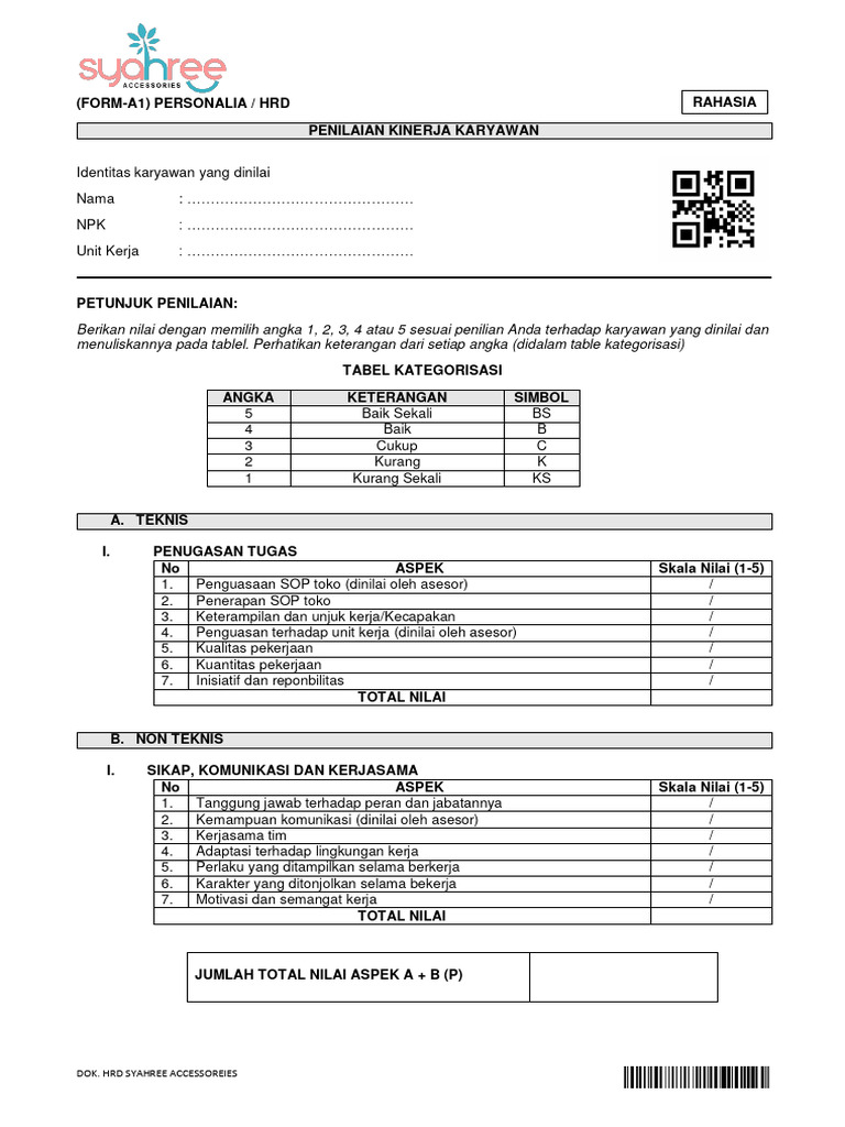 Form Penilaian Kinerja Karyawan Form-A1 | PDF