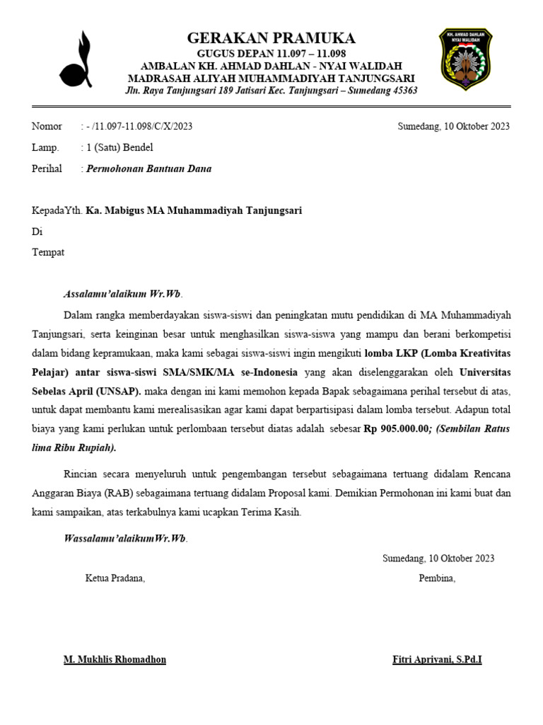 Surat Pengantar Permohonan Bantuan Dana | PDF