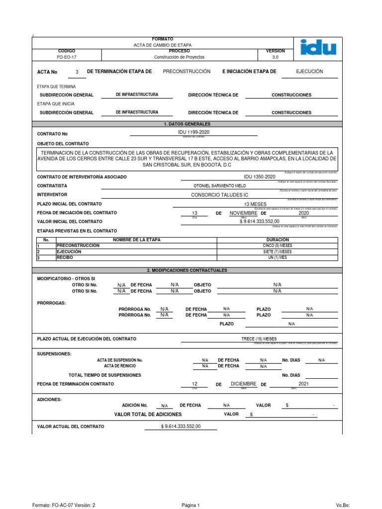 Foeo-17 Acta de Cambio de Etapa Idu 1199 v1 Fima Osm | PDF | Presupuesto