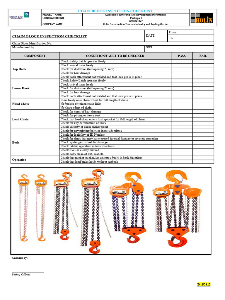 FC 4.1.3 - Chain Block Inspection Checklist Form | PDF