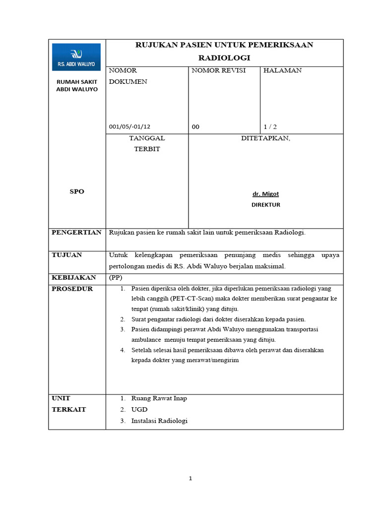 22 Sop Rujukan Pasien Untuk Pemeriksaan Radiologi Rsaw | PDF
