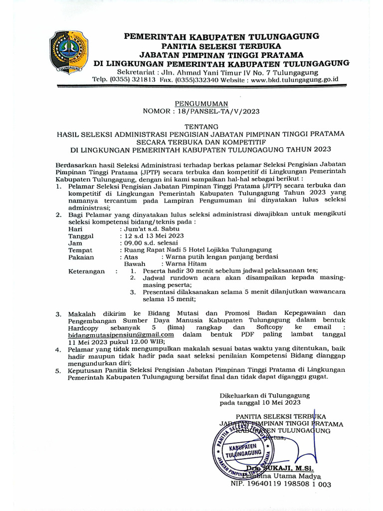 Pengumuman Seleksi Administrasi Selter JPTP 2023 | PDF